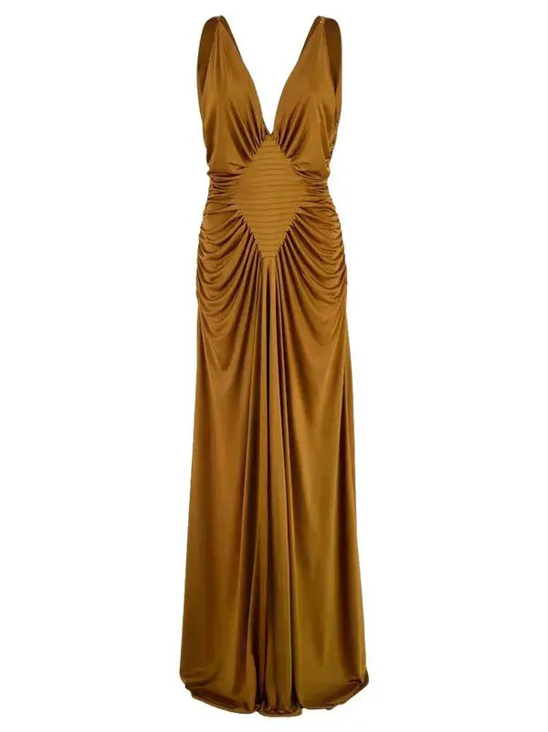 Versace Pleated V-neck Gown - Brown