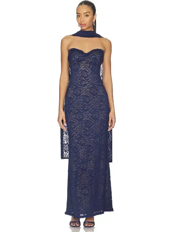 RUNAWAY THE LABEL Amana Strapless Scarf Maxi Dress - Navy