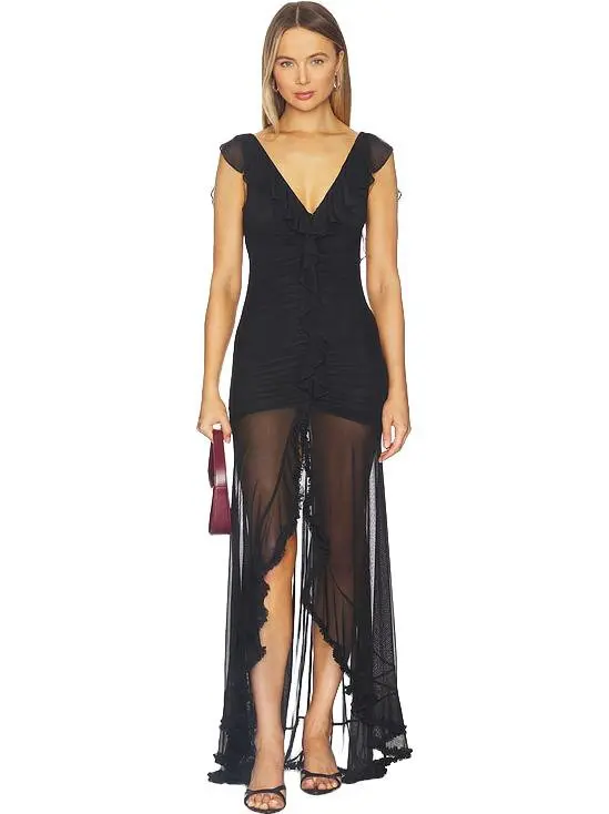 RUNAWAY THE LABEL Blythe V-neck Frill Maxi Dress - Black