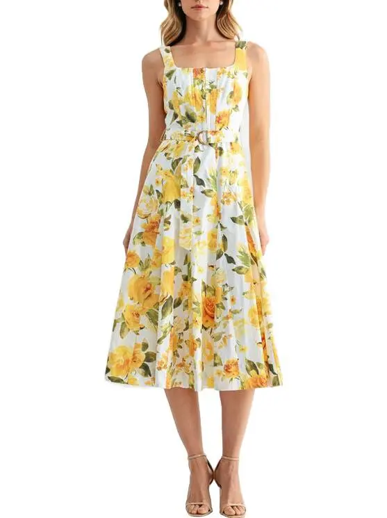 QUINCY MAE Belted Sleeveless Fit & Flare Midi Dress - Yellow Floral