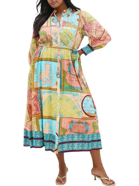 City Chic Paulo Map Print Long Sleeve Shirtdress - Wanderlust