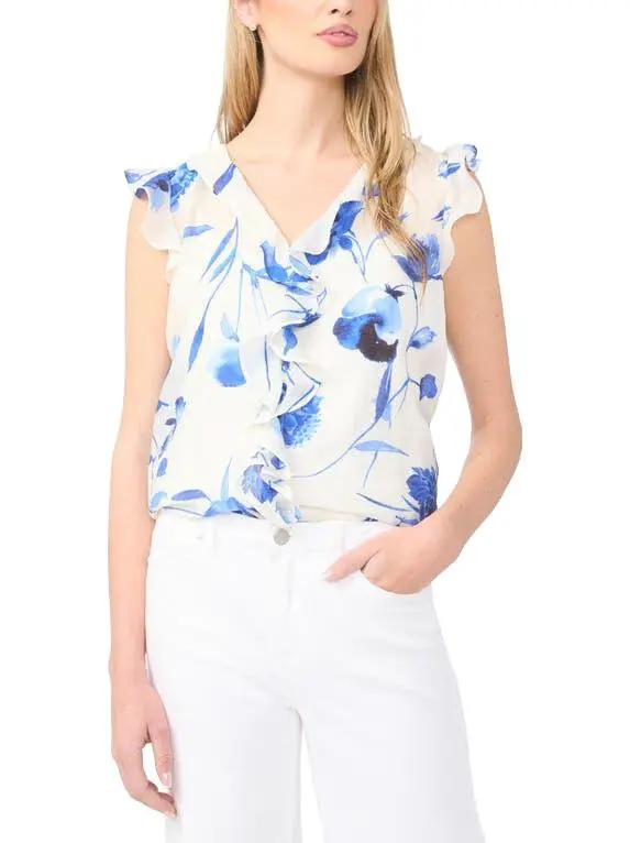 Halogen Floral Ruffle Trim Flutter Sleeve Top - Dazzling Blue