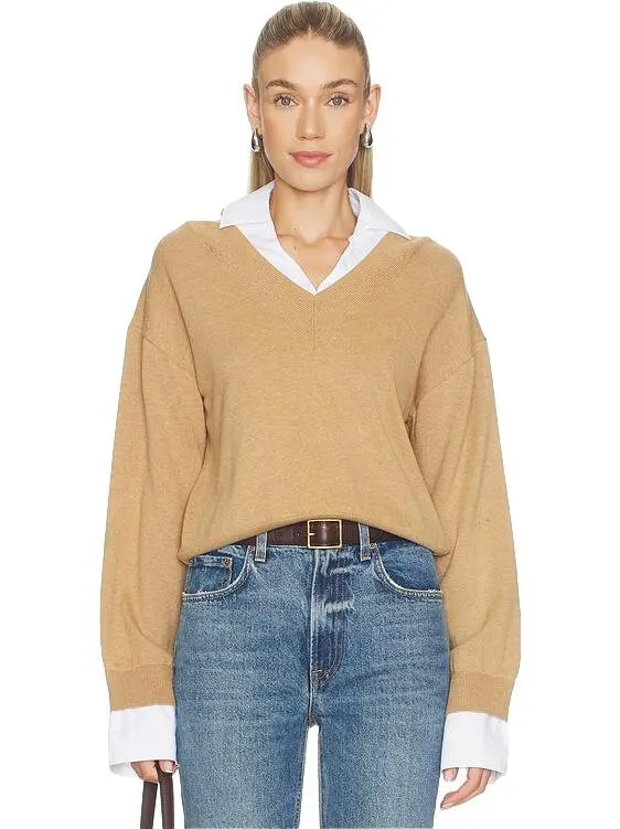Naadam Cotton Cashmere Mixed Media V-neck - Brown