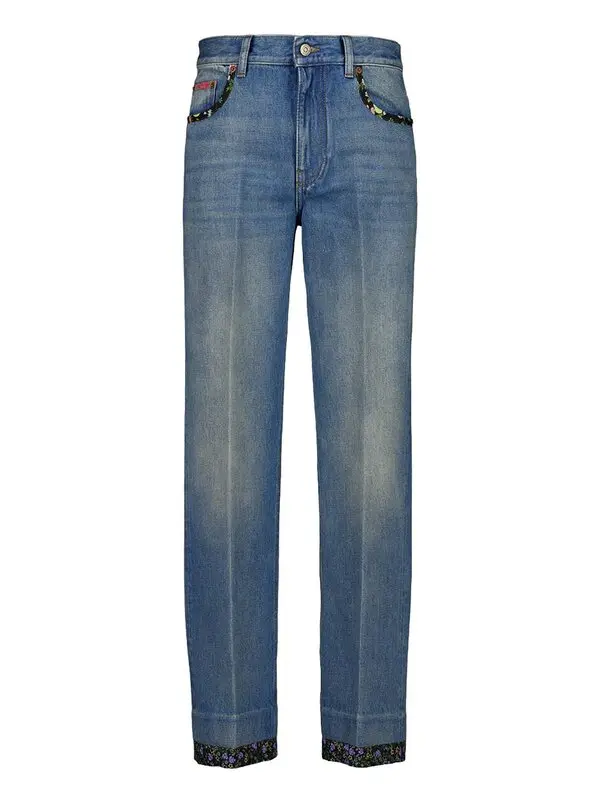 Valentino Garavani Medium Denim Trousers With Floral Detail - Blue
