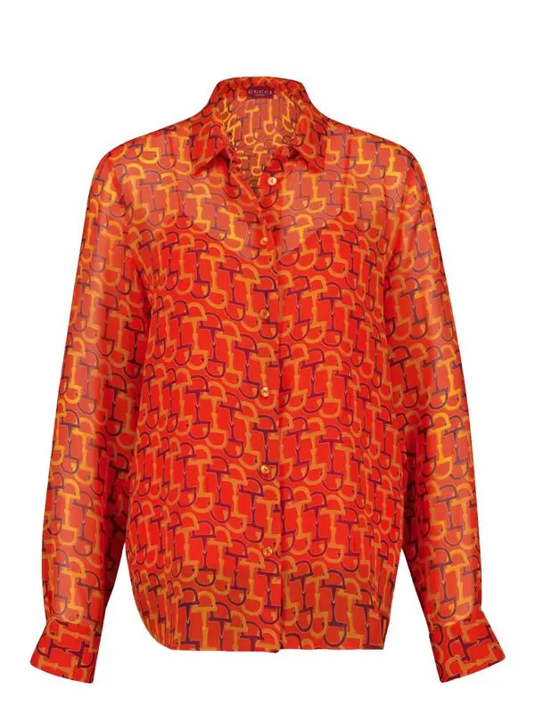Gucci Printed Silk Shirt With Horsebit Motif - Orange