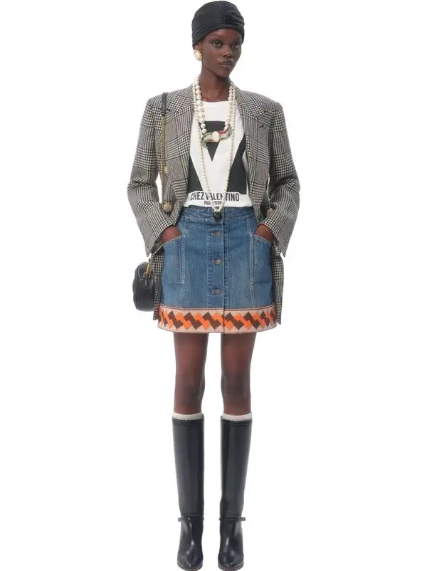 Valentino Garavani Denim Mini Skirt With Jacquard Trim - Blue