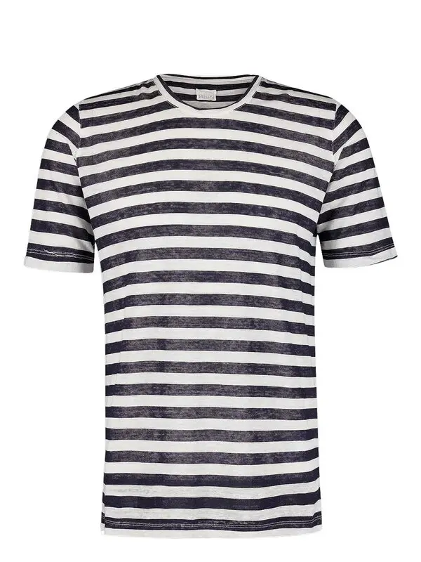 120% Lino Nautical Stripe Linen T-shirt - Blue