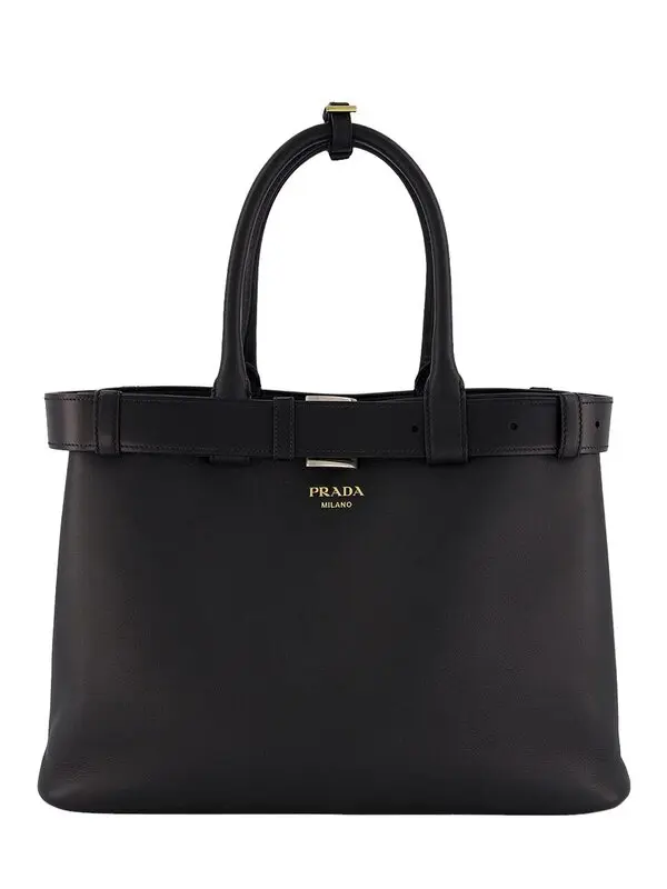 Prada Large Buckled Leather Handbag - Black
