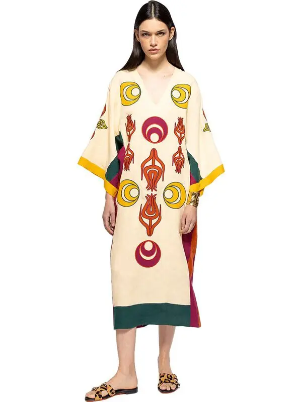 PAULA Cinnabar Vanilla Custard Linen Dress With Embroidered Patches - Multicolour
