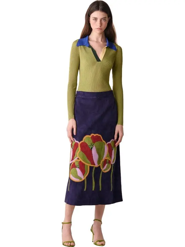 PAULA Corvus Embroidered Suede Skirt - Blue