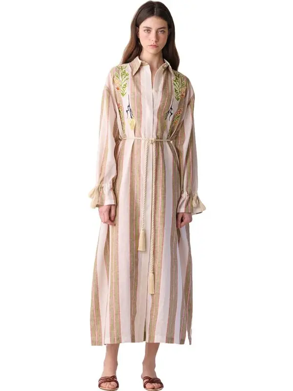PAULA Linen Striped Embroidered Maxi Dress - Multicolour
