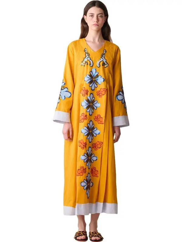 PAULA Crystal Linen Embroidered Maxi Dress - Multicolour
