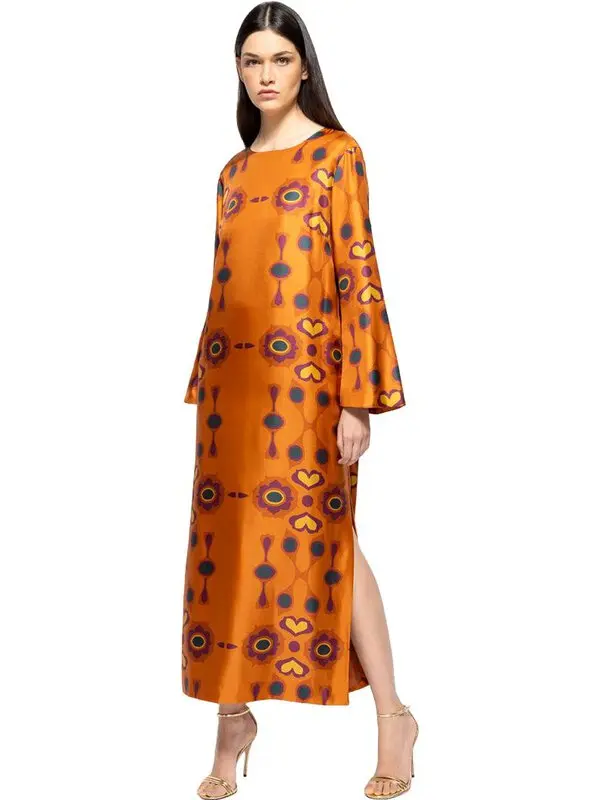 PAULA Shirley Hawaii Flower Printed Silk Twill A-line Dress - Orange