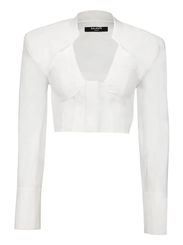 Balmain Cropped Cotton Bustier Blouse - White
