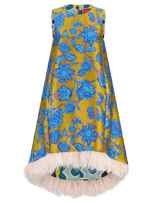 La DoubleJ Floral Shot Cotton Dress With Feathered Hem - Blue