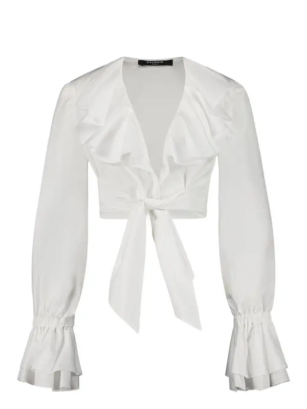 Balmain Cropped Ruffled Poplin Shirt - White