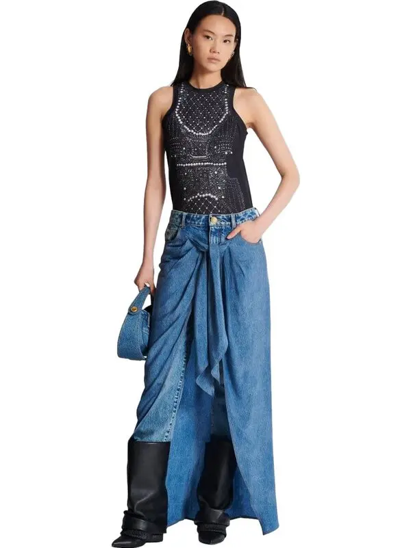 Balmain Denim Jeans With Draped Skirt - Blue