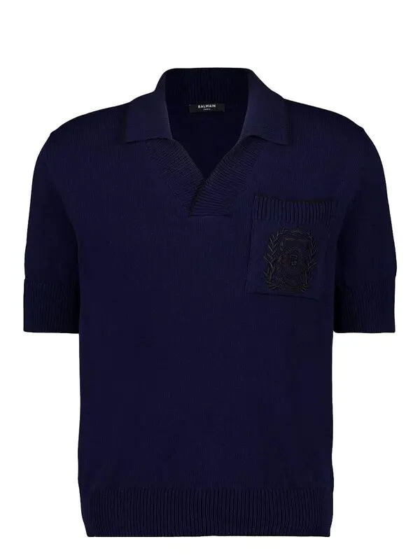 Balmain Navy Écusson Embroidered Knit Polo Shirt - Blue