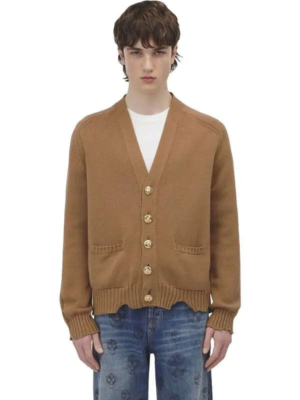 Alexander McQueen Distressed Skull Knitted Cardigan - Brown