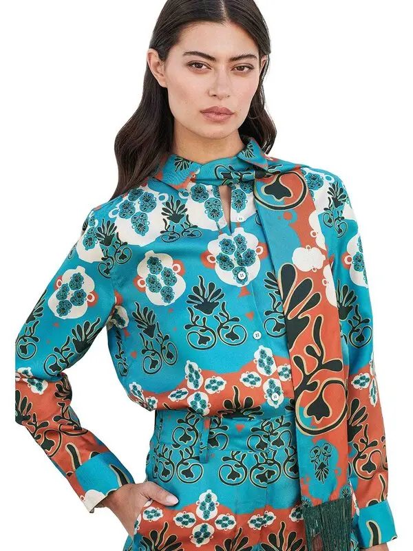 PAULA Printed Twill Silk Shirt - Blue