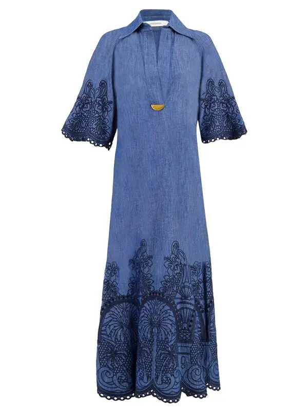 Zimmermann Railway Coco Embroidered Denim Midi Dress - Blue