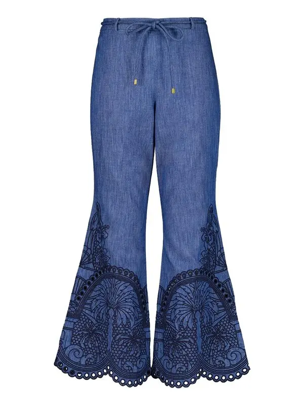 Zimmermann Coco Embroidered Denim Pant - Blue