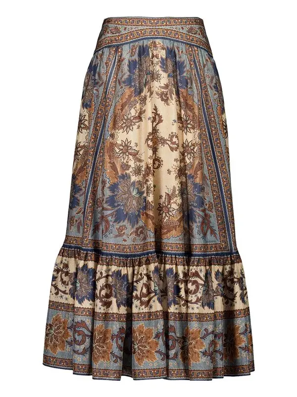Zimmermann Ascension Indienne Floral Silk Midi Skirt - Blue