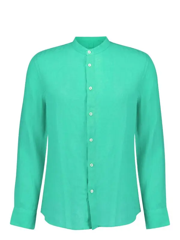 120% Lino Band-collar Linen Shirt - Green