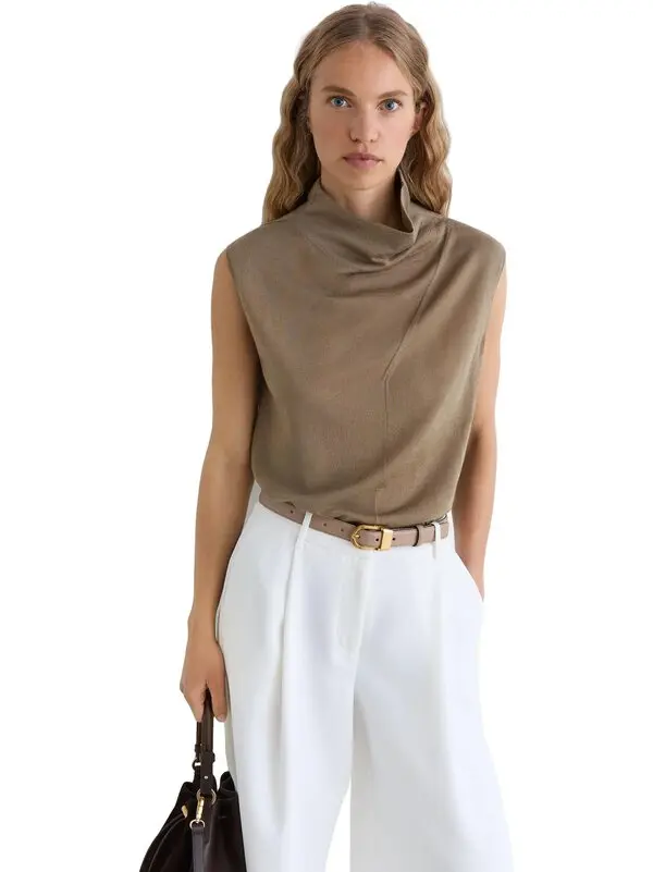 REISS Wool Funnel-neck Sleeveless Knit Top - Khaki Green