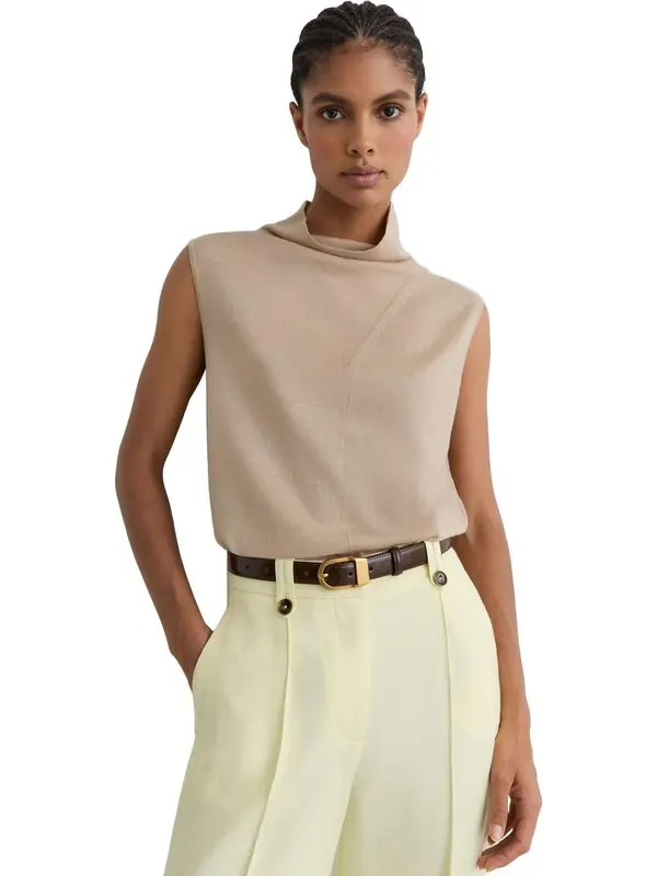 REISS Wool Funnel-neck Sleeveless Knit Top - Neutral