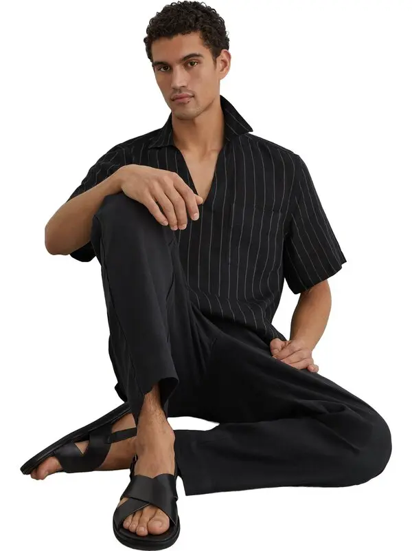 REISS Quest Linen Pinstripe Open-collar Shirt - Black