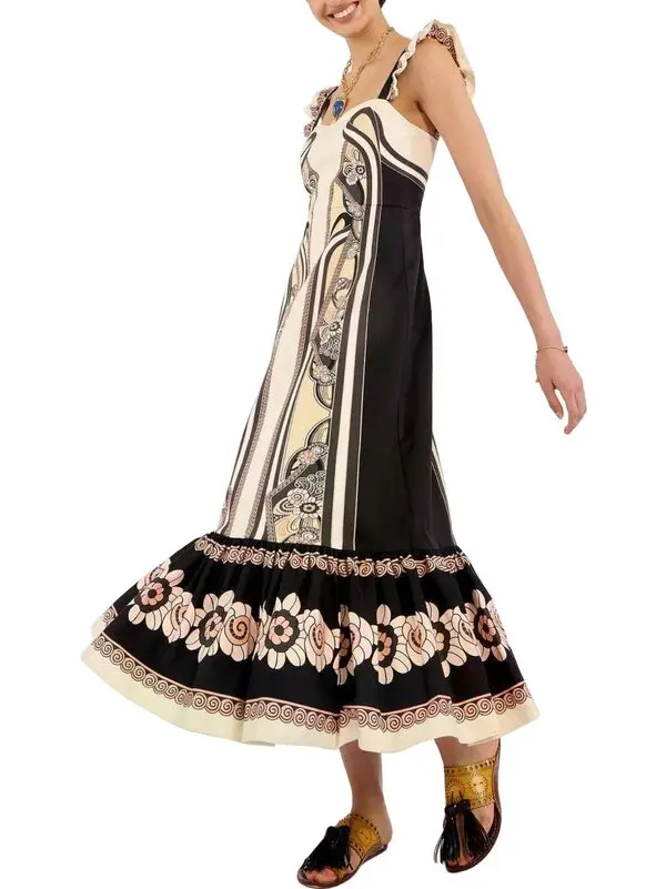 La DoubleJ Floral Ruffled Midi Dress - Black