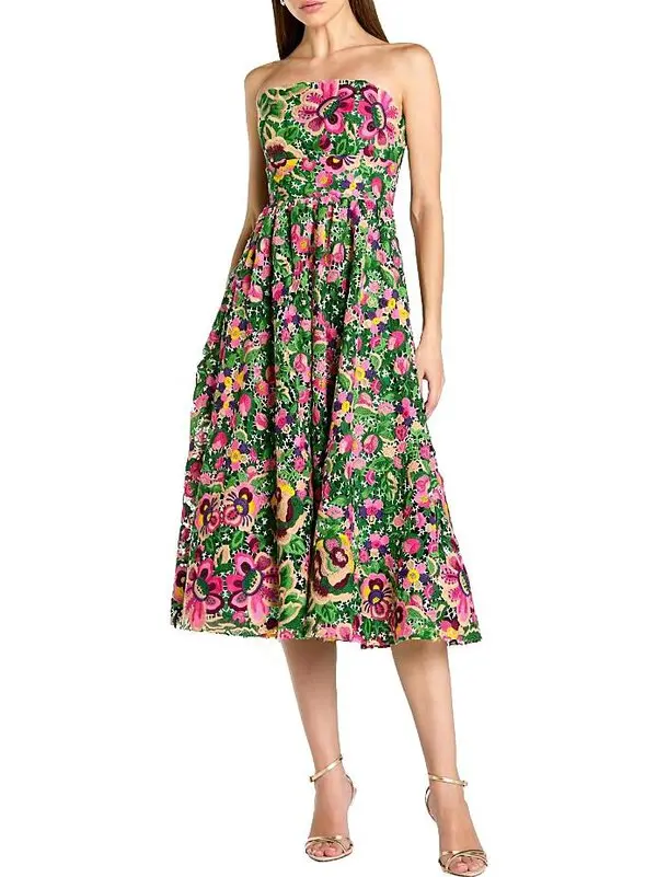 Mac Duggal Floral Embroidered Strapless Midi Dress - Green Multi