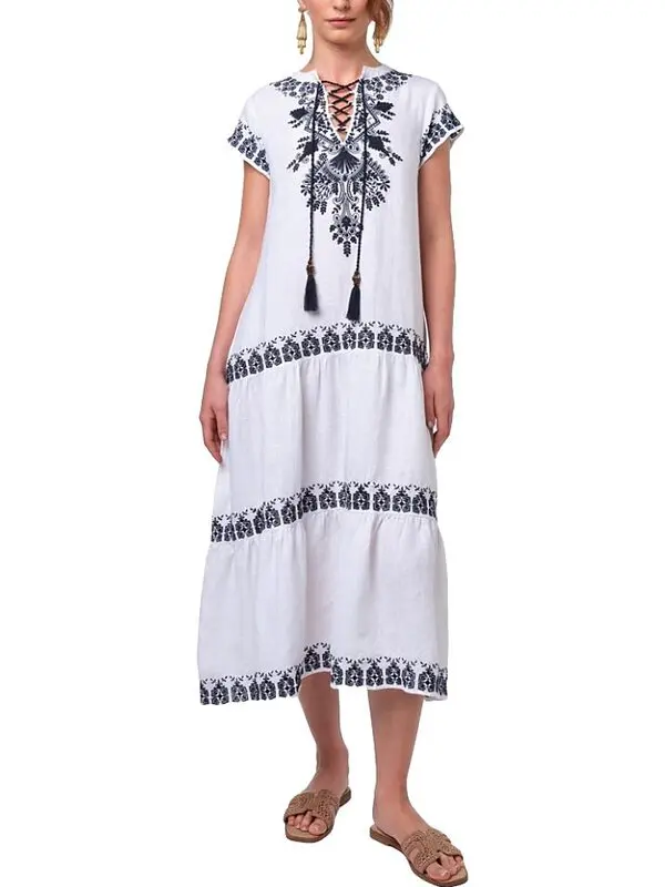 Calypso St. Barth Coralie Embroidered Maxi Dress - White Navy Embroidery