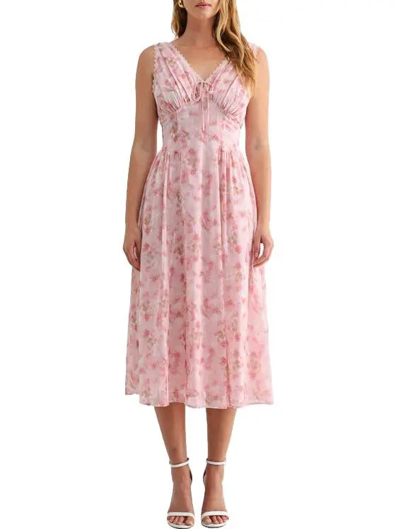 QUINCY MAE Floral Sleeveless Fit & Flare Chiffon Midi Dress - Pink Floral
