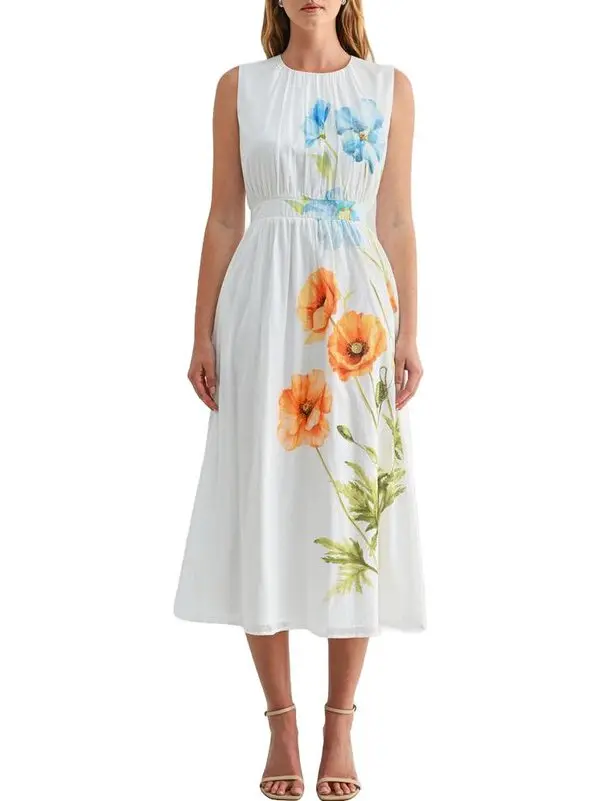 QUINCY MAE Floral Print Sleeveless Midi Dress - White Floral