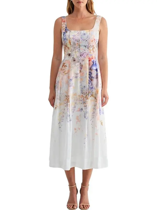 QUINCY MAE Print Pleated Sleeveless Maxi Dress - White Floral