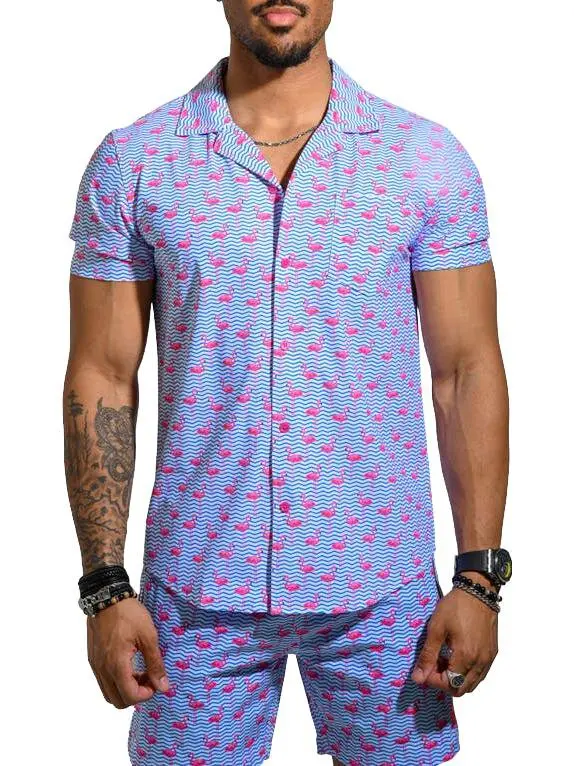 MACEOO Beachflamingo Cotton Camp Shirt - Blue