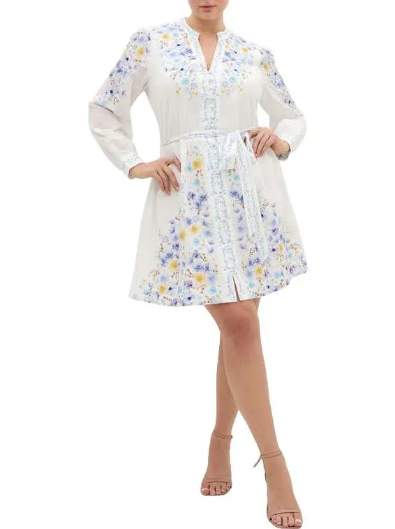 City Chic Elia Placed Floral Long Sleeve Cotton Dress - Blue Patrice Bdr