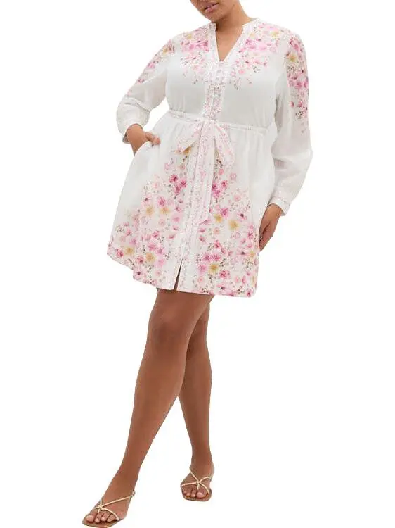 City Chic Elia Placed Floral Long Sleeve Cotton Dress - Ivory Patrice