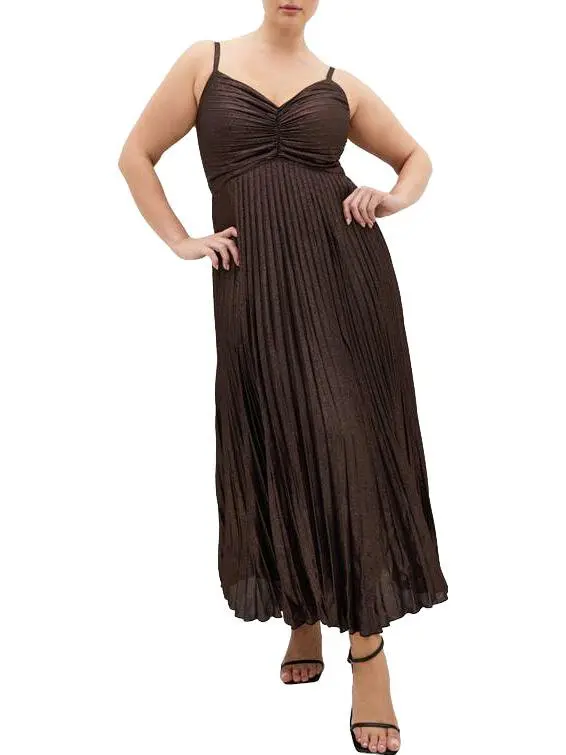 City Chic Ariana Pleated Metallic Dress - Bronze Sparkle