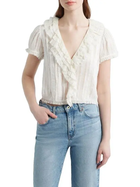 DÔEN Bernadette Pleated Lace Trim Top - Salt