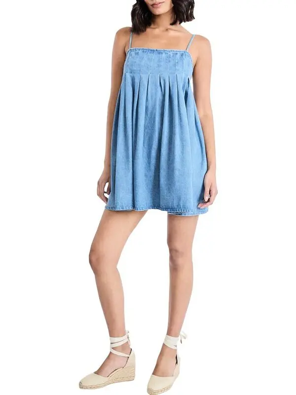 THE GOOD JOURNEY Cotton Blend Chambray Trapeze Minidress - Light Wash