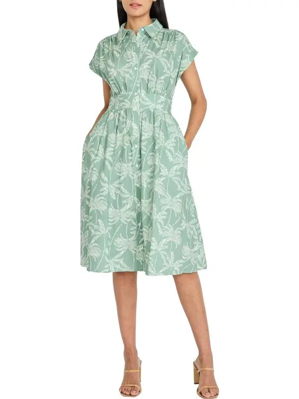 Maggy London Cap Sleeve Stretch Cotton Midi Shirtdress - Sage/ivory