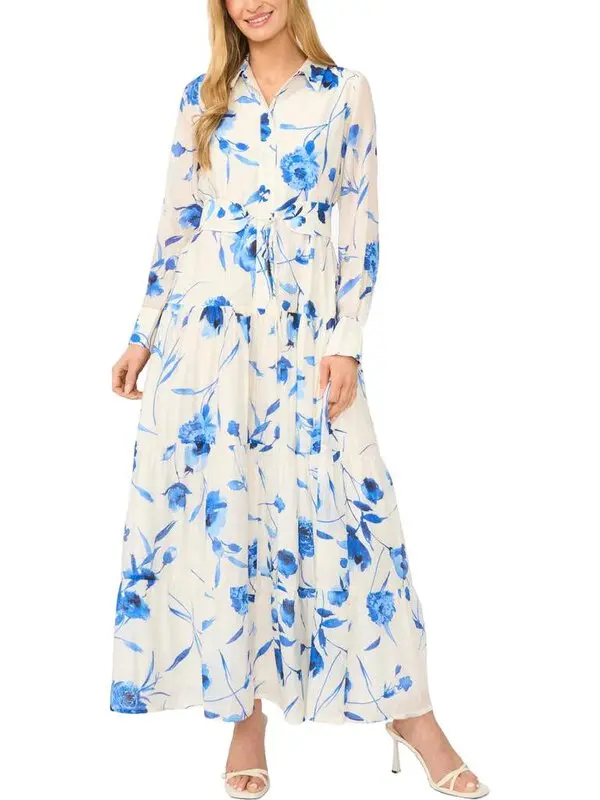 Halogen Floral Long Sleeve Tiered Shirt Dress - Dazzling Blue