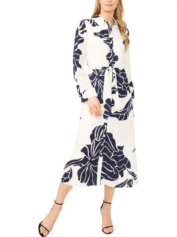 Halogen Long Sleeve Tie Waist Maxi Shirtdress - Classic Navy