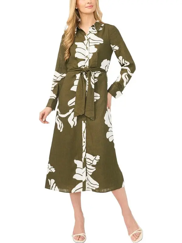 Halogen Long Sleeve Tie Waist Maxi Shirtdress - Olive Night