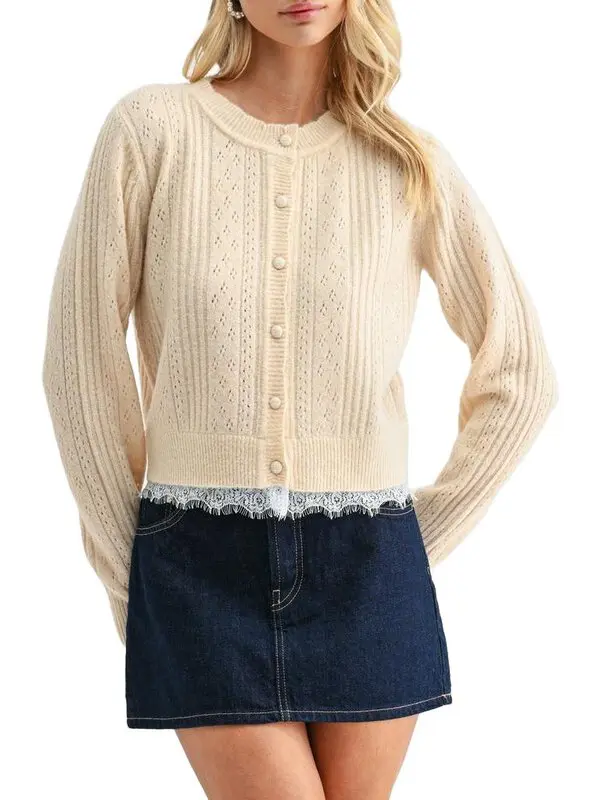 ALL IN FAVOR Lace Trim Pointelle Cardigan - Butter