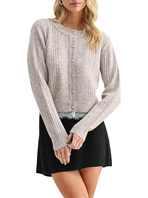 ALL IN FAVOR Lace Trim Pointelle Cardigan - Taupe