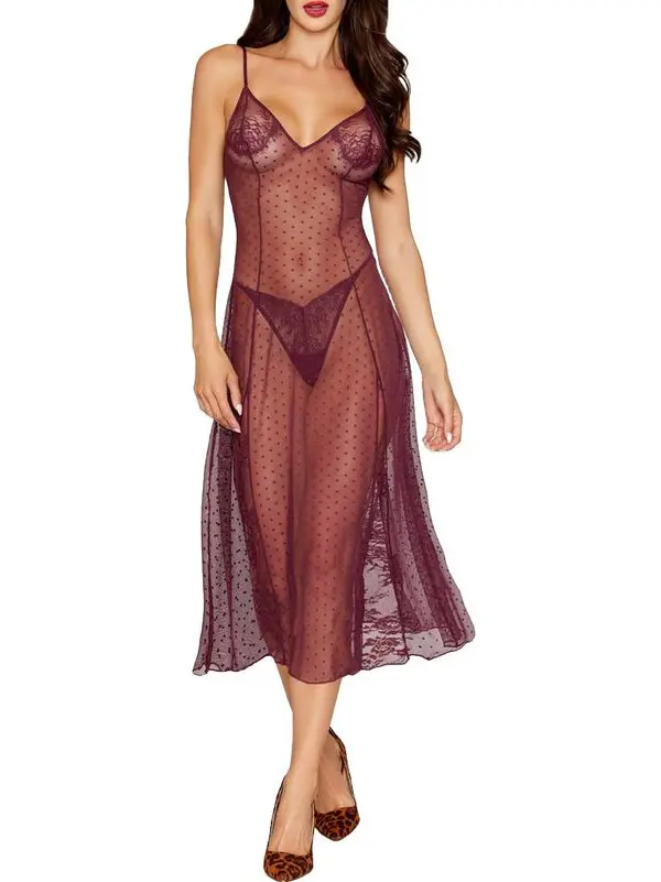 DREAMGIRL Swiss Dot Lace And Mesh Chemise With G-string Set - Burgundy